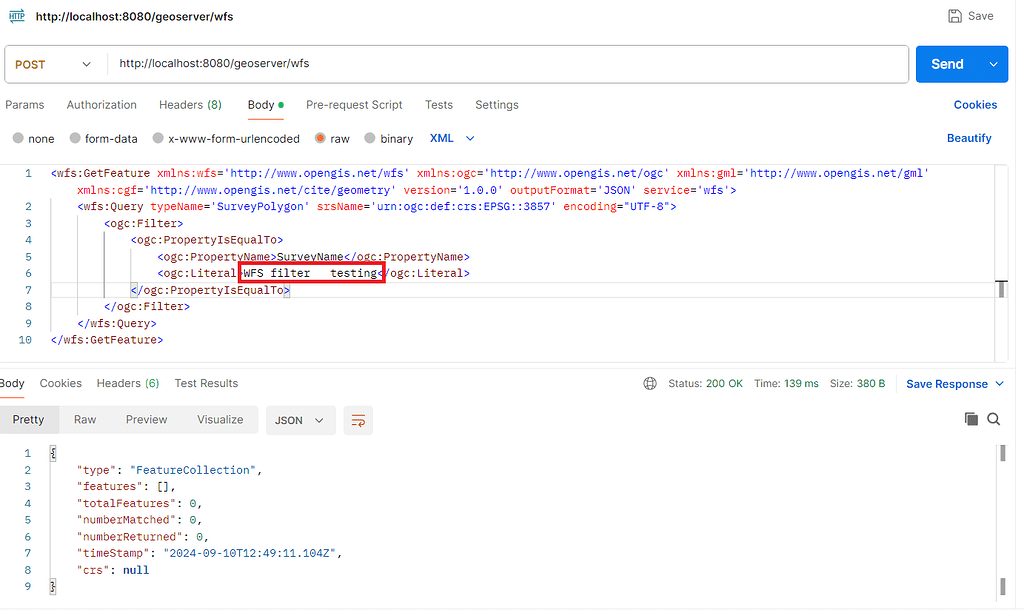WFS request with OGC filter in XML payload not returning matching results if there are multiple ...